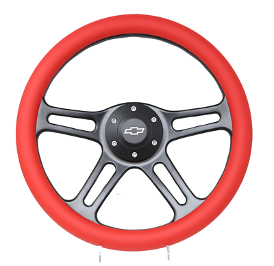 14" 4 Spoke Black Steering Wheel RED Grip 6 Hole Chevy Horn Button ...