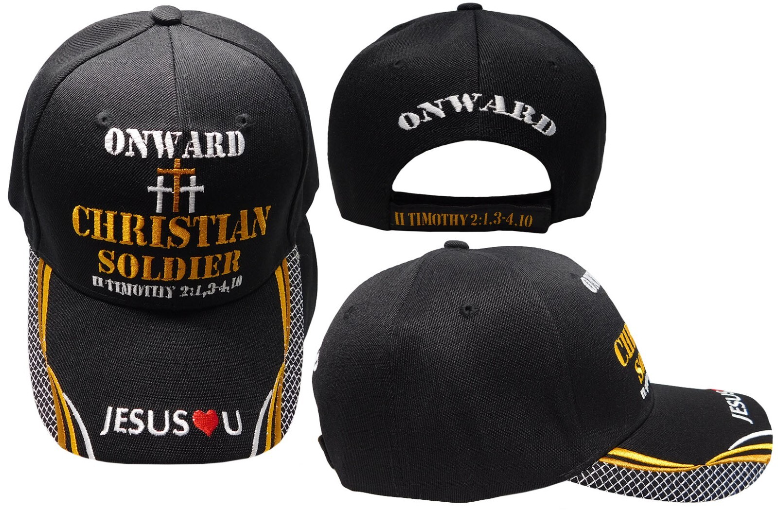 Onward Christian Soldier II Timothy 2:1, 3-4, 10 Black Embroidered Cap ...