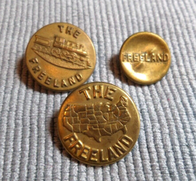 3 Antique Metal Picture Verbal Work Buttons THE FREELAND Railroad ...