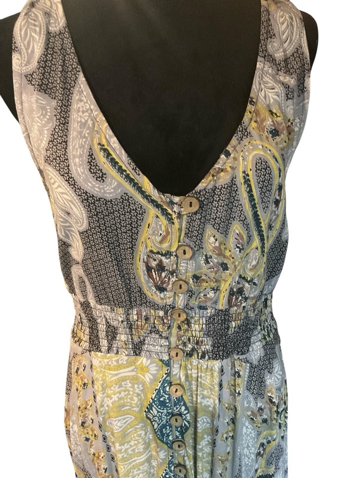 Nostalgia Dress Med Dress Grey Blue Yellow Sinched Waist Uneven Hem | eBay