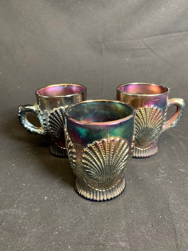 Dugan Diamond Beaded Shell Blue And Amethyst Carnival Glass Cups Set Of ...