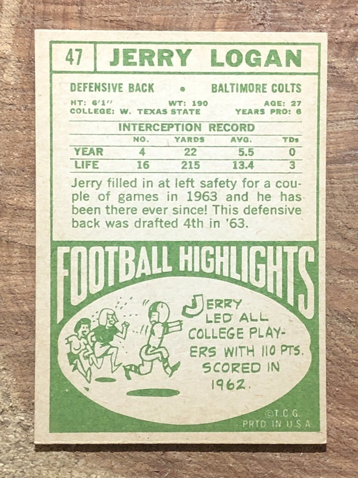 1968 Topps Football Jerry Logan #47 NM-MT Baltimore Colts | eBay