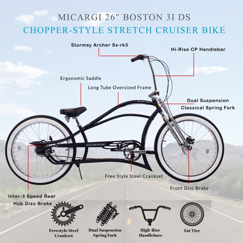 26" Micargi Sturmey Archer 3 Speed Chopper Bicycle Disc Brakes Fat ...