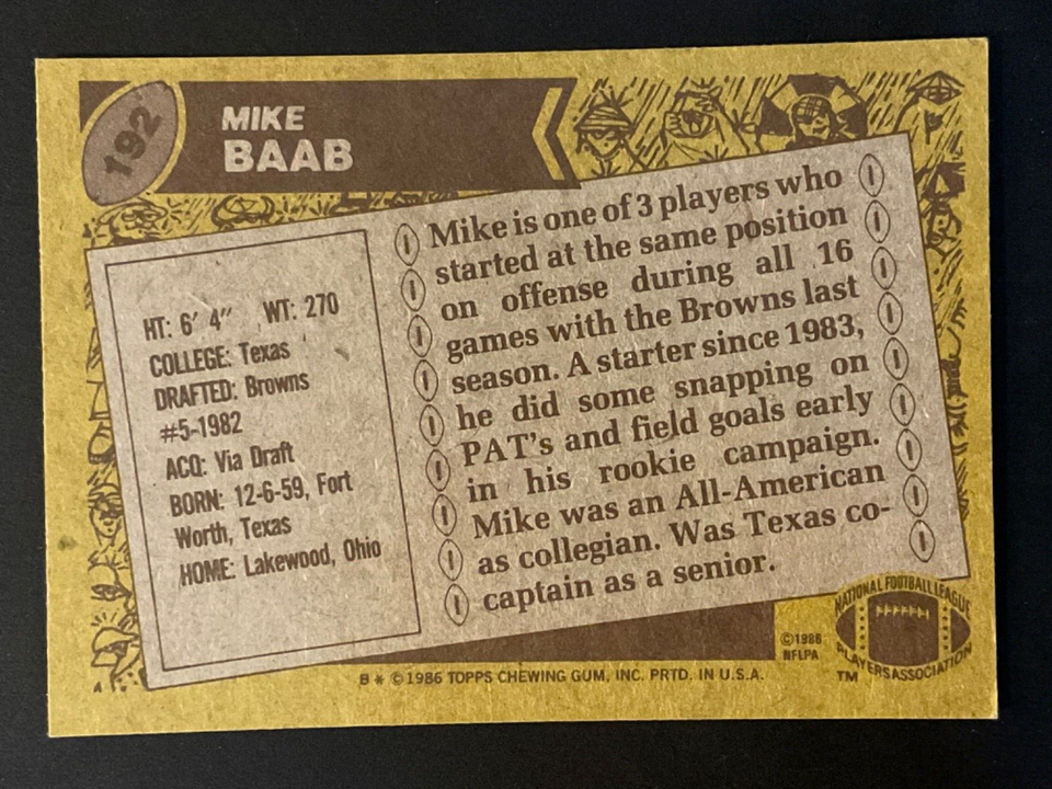 Mike Baab 1986 Topps Football Card #192 - Cleveland Browns Center | eBay