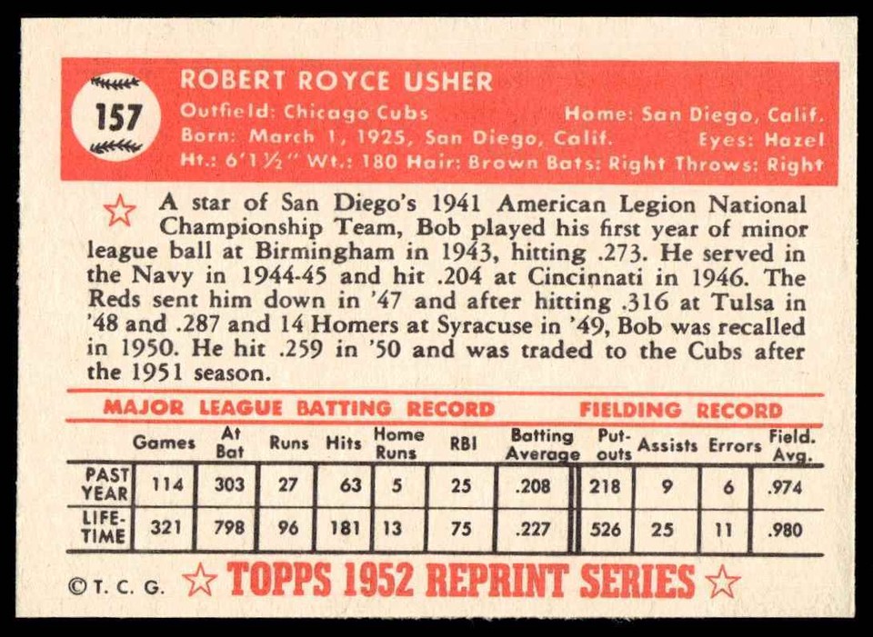 1983 Topps 1952 Reprint Series Bob Usher Chicago Cubs #157 | eBay