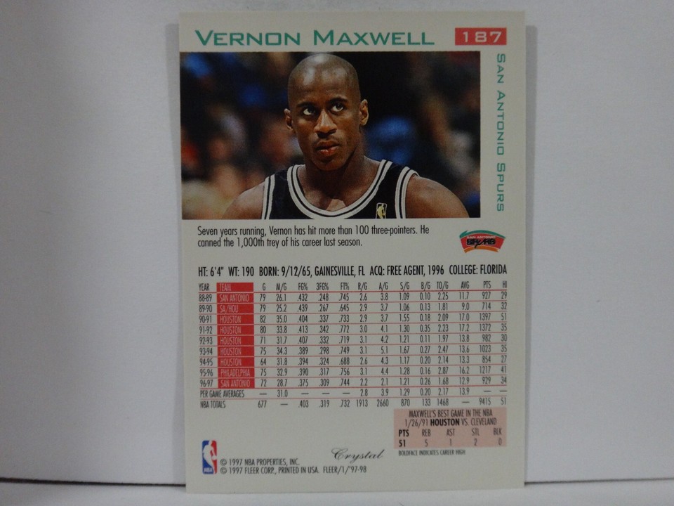 1997-98 Fleer San Antonio Spurs Basketball Card #187 Vernon Maxwell | eBay