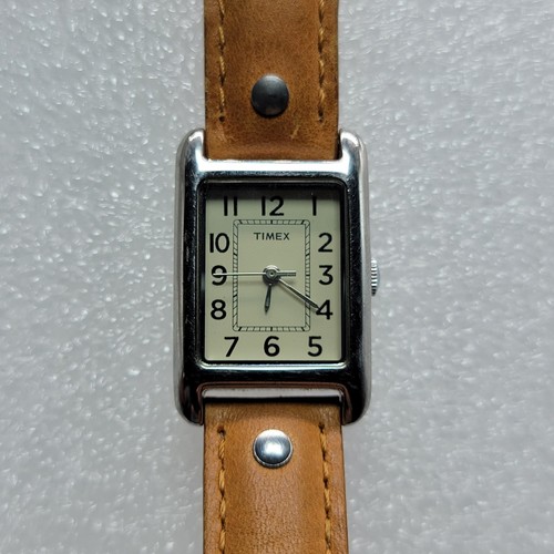 Timex Women Watch 21mm Rectangle Dial Silver Tone Brown Leather Band ...