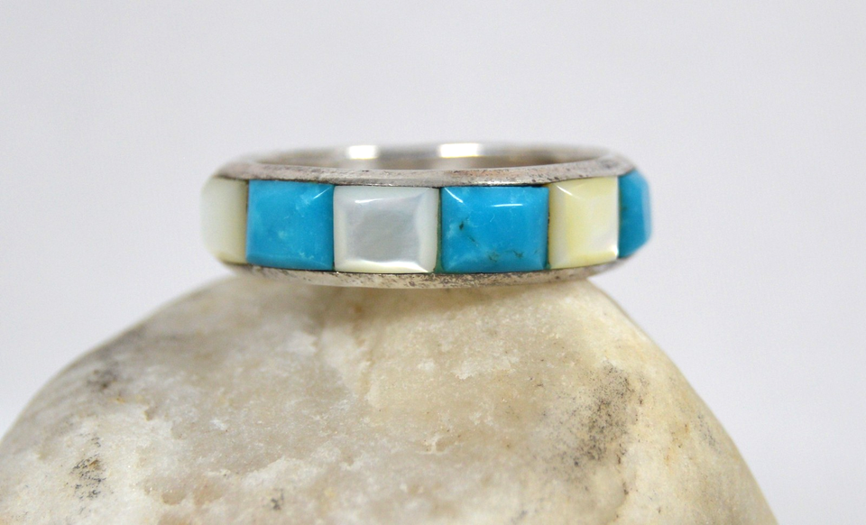 sz 10 Native American Band Ring Sleeping Beauty Turquoise Mother Pearl ...