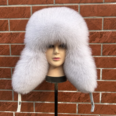Men's Real Blue Fox Fur Hat Russian Ushanka Cossack Trapper Hat Real ...