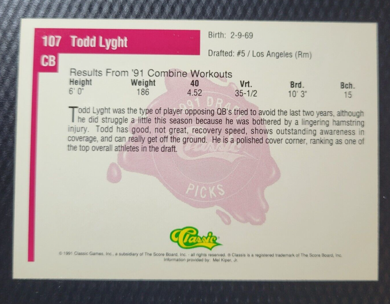 1991 Classic Four Sport Draft Picks TODD LYGHT Los Angeles Rams ...