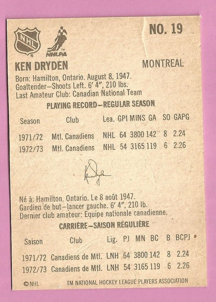 1974-75 Lipton Soup Hockey Card #19 Ken Dryden Montreal Canadiens VERY ...