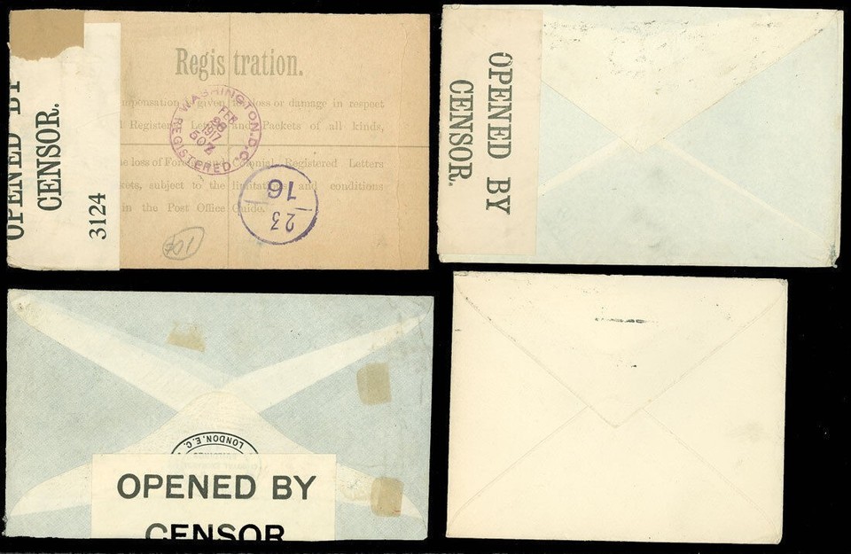 WWI GREAT BRITAIN, 4 Civilian Covers - US, 1 REGISTERED, CENSOR TAPE ...