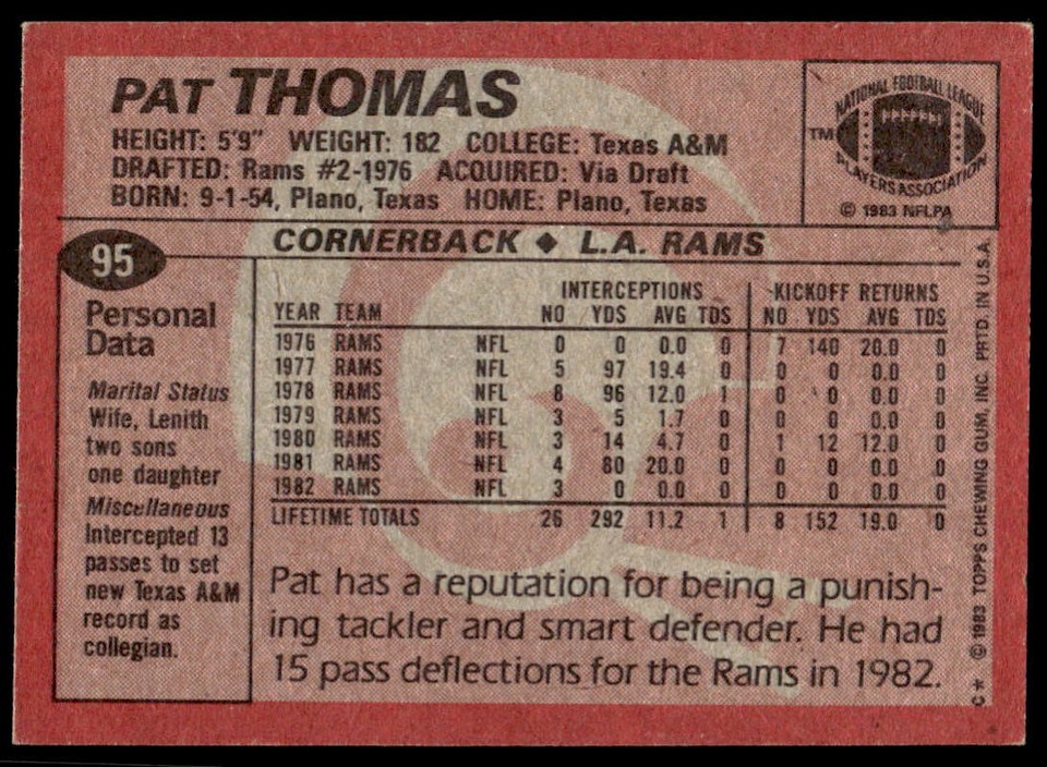 1983 Topps 95 Pat Thomas Los Angeles Rams DP Football Card | eBay