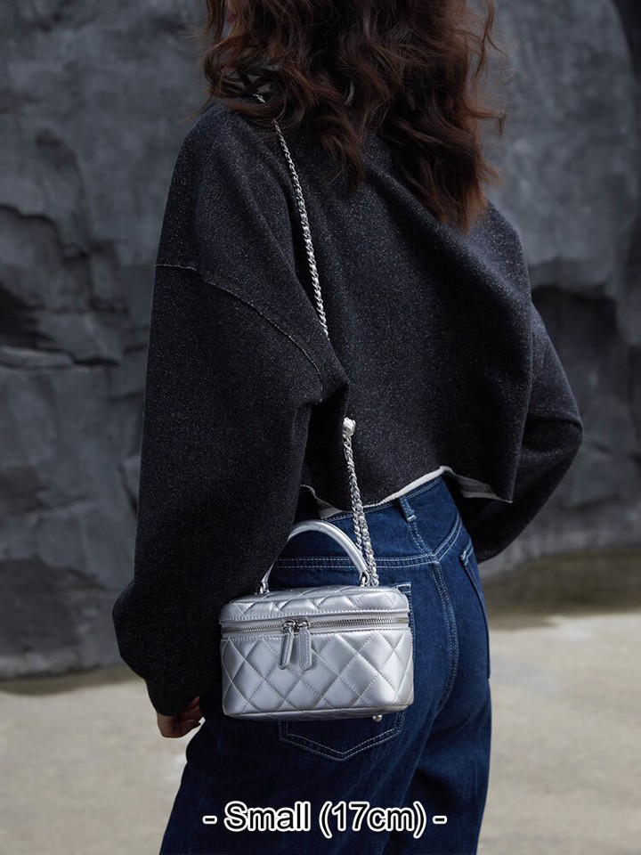 Mini Quilted Real Leather Vanity Case Box Purse Clutch Tote Shoulder ...