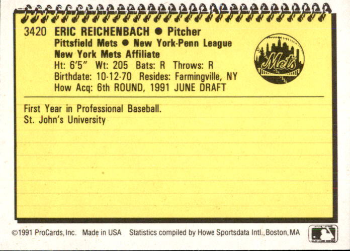 1991 Pittsfield Mets ProCards #3420 Eric Reichenbach Farmingville New ...