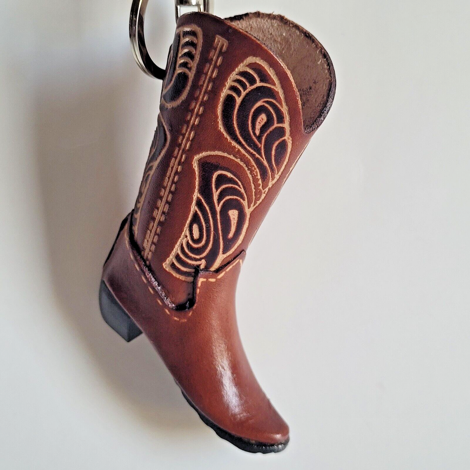 Cowboy Boot Leather Keychain Brown Handmade Ring Western Fob Key Ring ...