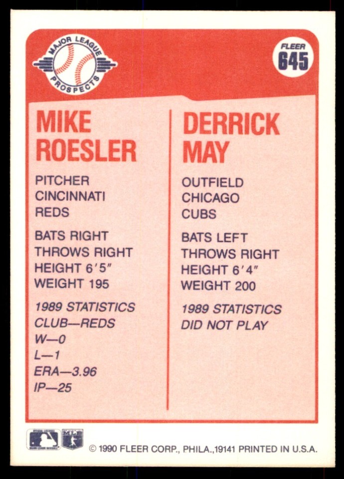 1990 Fleer - MINT Mike Roesler/Derrick May Rookie Cincinnati Reds ...