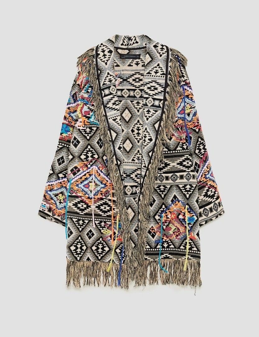 A444 ZARA KIMONO FRINGED TRIBAL AZTEC EMBROIDERED BLAZER COAT JACKET ...