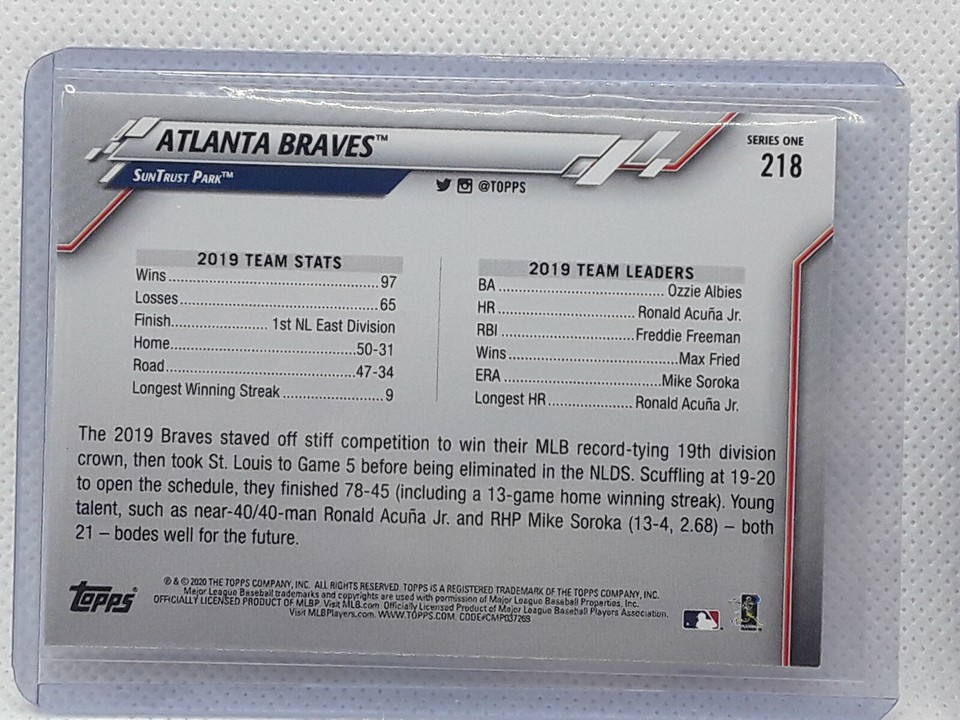 Atlanta Braves 2020 Topps Series One Baseball - #218 - Atlanta Braves ...