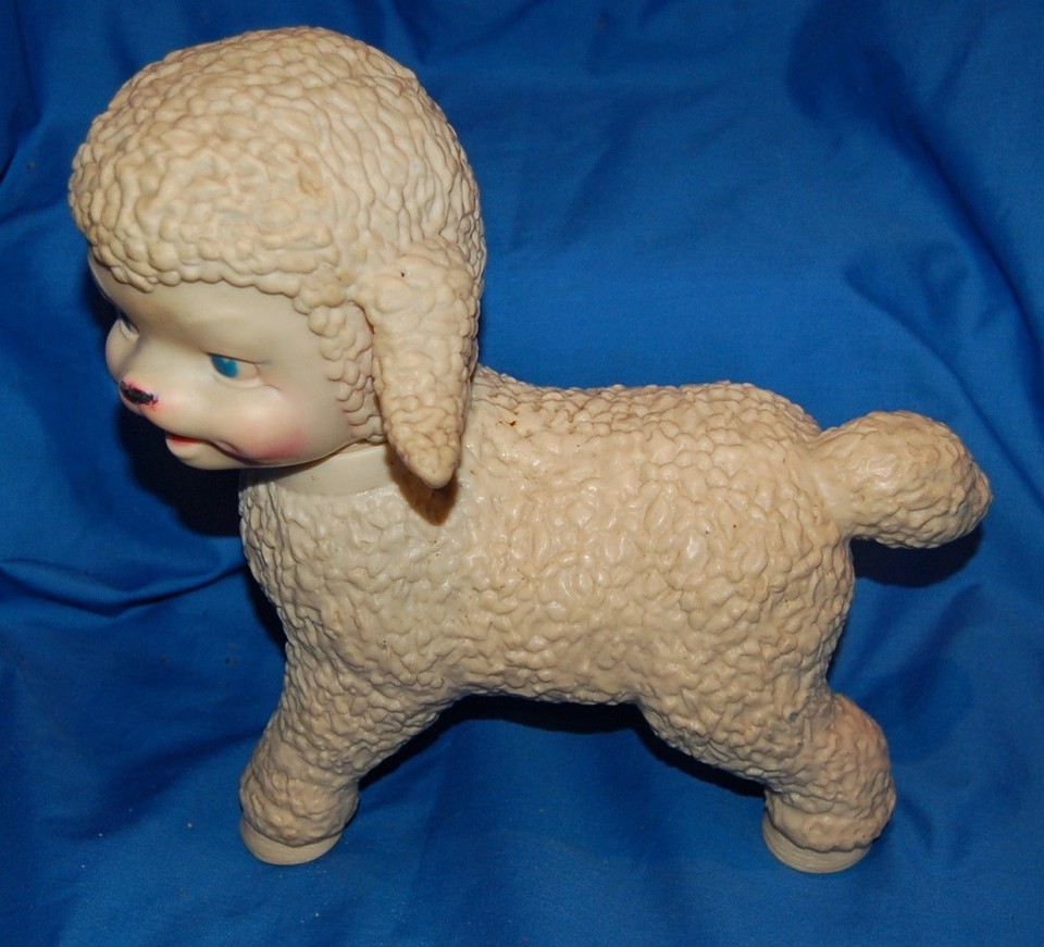 Vintage Sun Rubber Co Toy Lamb Sheep 1961 White with Pink Ears/Blue ...