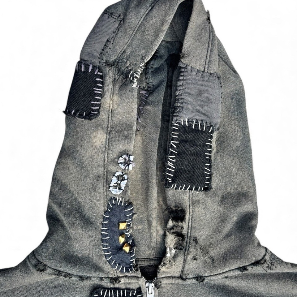 Vintage Distressed Crust Punk Patchwork Cropped Zip Up Hoodie Unisex ...