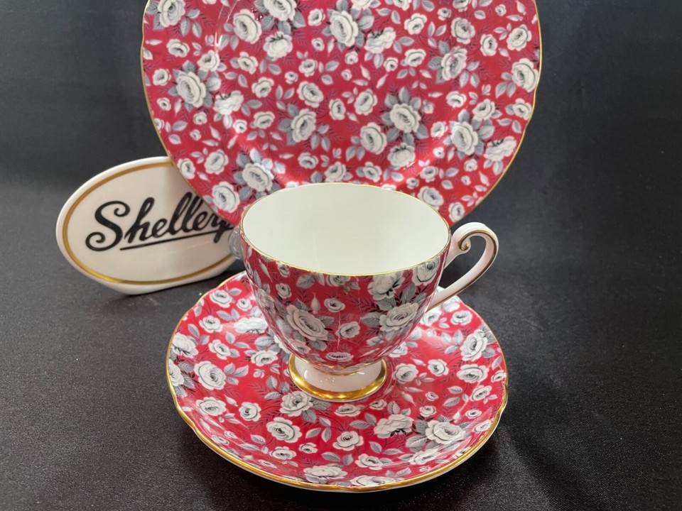 SHELLEY RED TAPESTRY ROSE CHINTZ * RIPON FOOTED CUP, SAUCER & PLATE ...