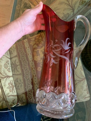 ANTIQUE BEAUTIFUL LARGE RUBY AND CRYSTAL ETCHED GLASS PITCHER AND FREE ...