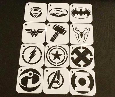 Set of 12 pcs SUPERHERO Airbrush Stencils Kids Party Decoration Mylar ...