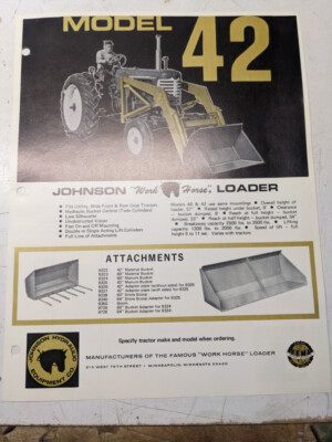 JOHNSON WORK HORSE LOADER MODEL 40 & 42 ATTACHMENT LIST BROCHURE 1969 ...