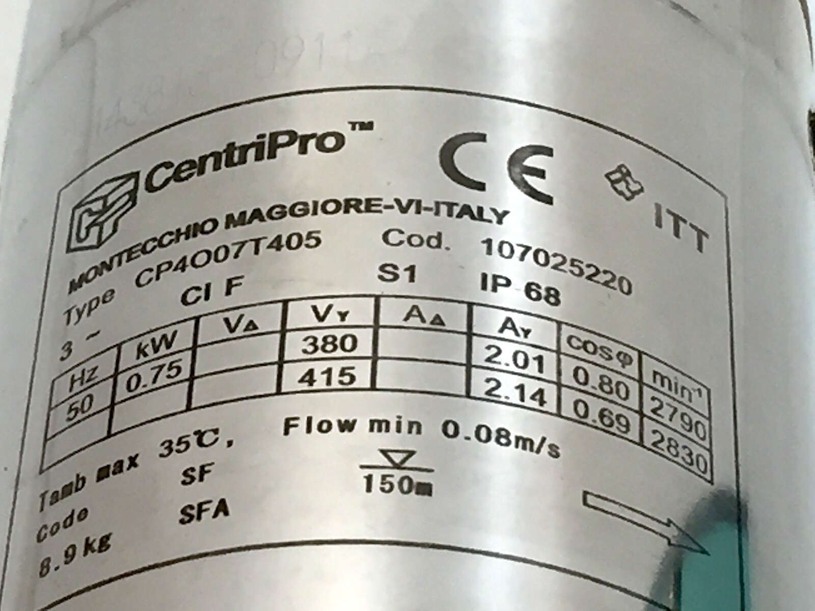 CentriPro 107025220 CP4O07T405 Submersible Pump Motor 4" 3Phase 0.75kW ...