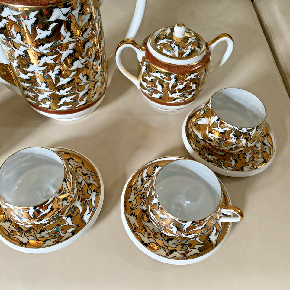 Vintage Kutani Japanese 1000 Thousand Cranes Porcelain Tea Set Pot ...