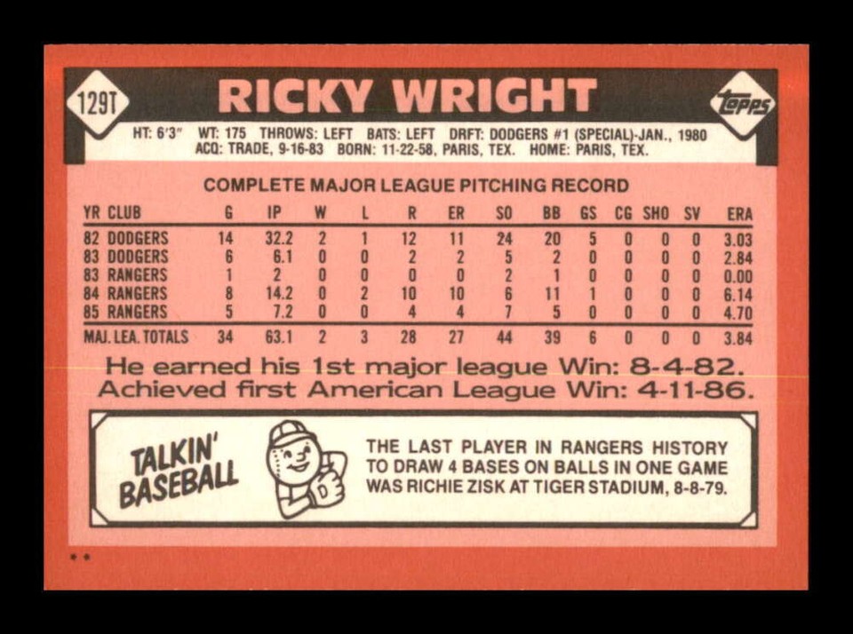 1986 Topps Traded Ricky Wright #129T Texas Rangers | eBay