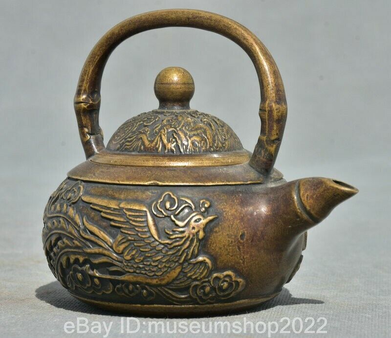 4.4" Old Chinese Xuande Marekd Bronze Dynasty Dragon Phoenix Portable ...