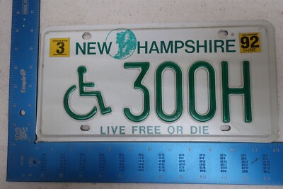 1992 92 New Hampshire NH License Plate Tag 300H Handicapped Natural ...