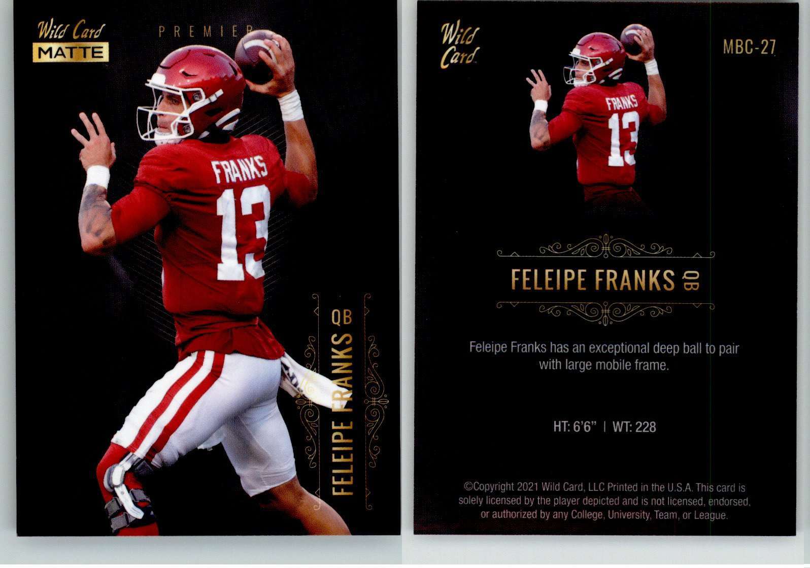 Feleipe Franks 2021 Wild Card Matte #MBC-27 Arkansas Falcons RC Rookie ...