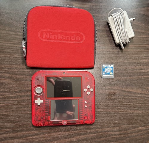 Nintendo 2DS Crystal Red Handheld w/ Charger & Travel Case *Condition ...