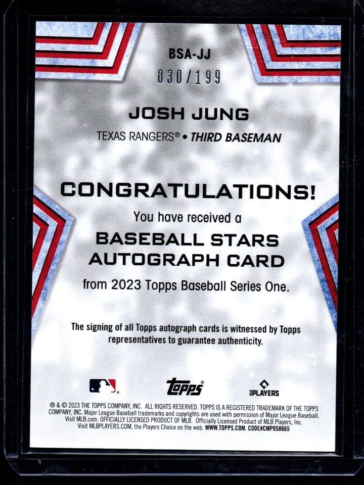2023 Topps JOSH JUNG Rookie RC Baseball Stars Auto BLACK /199 #BSAJJ ...