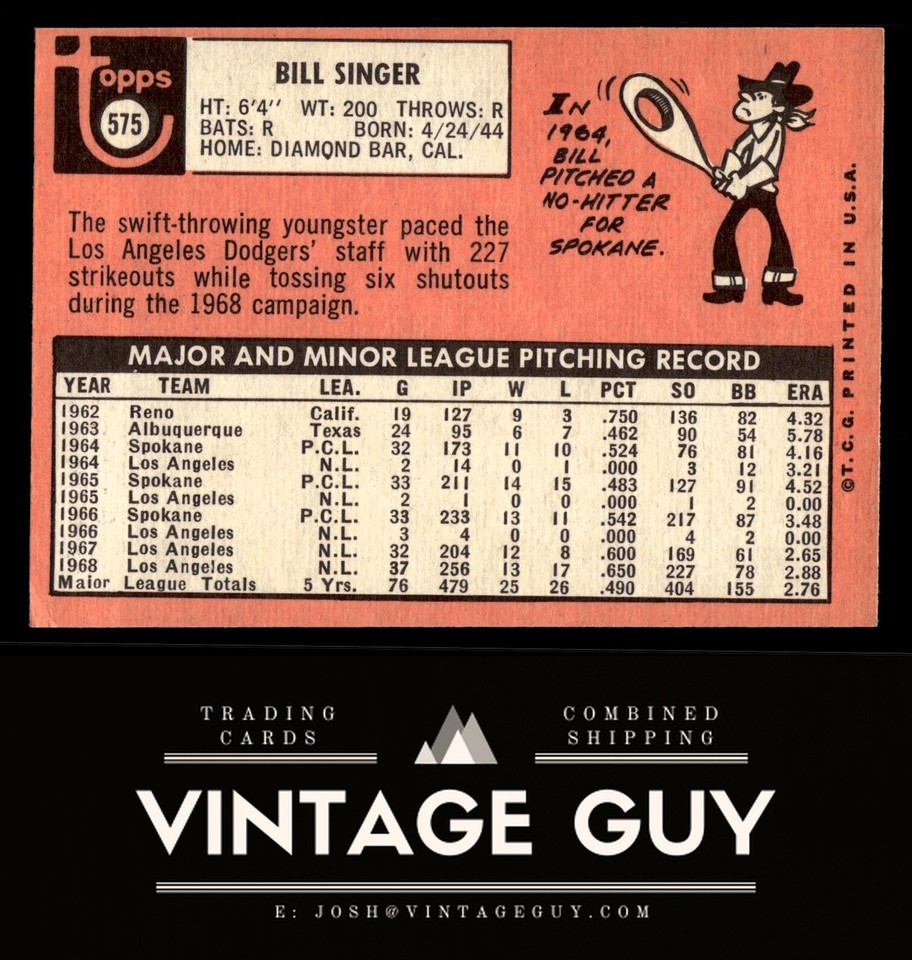 1969 Topps #575 Bill Singer Vintage Los Angeles Dodgers Baseball Card ...