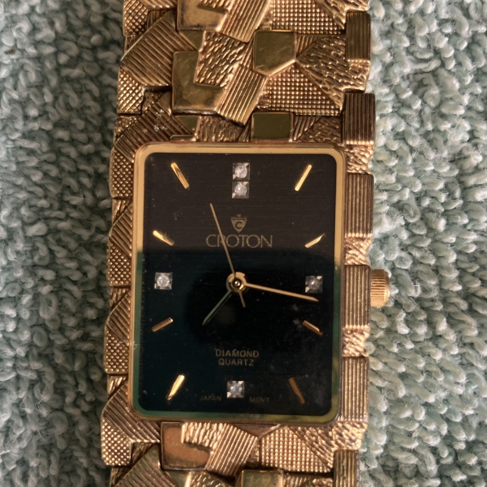Croton Diamond Quartz Men's Gold Tone Wristwatch Black Dial Water ...