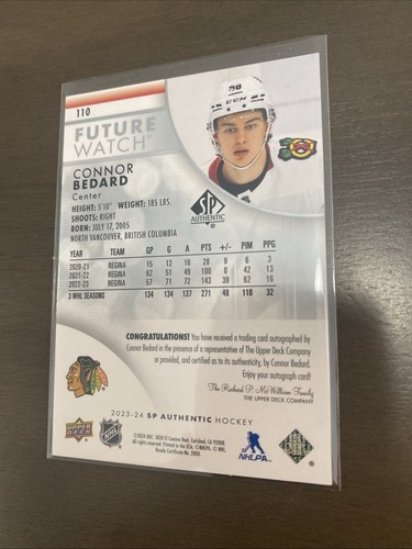 Connor Bedard 2023-24 Upper Deck SP Authentic Future Watch Rookie Auto ...
