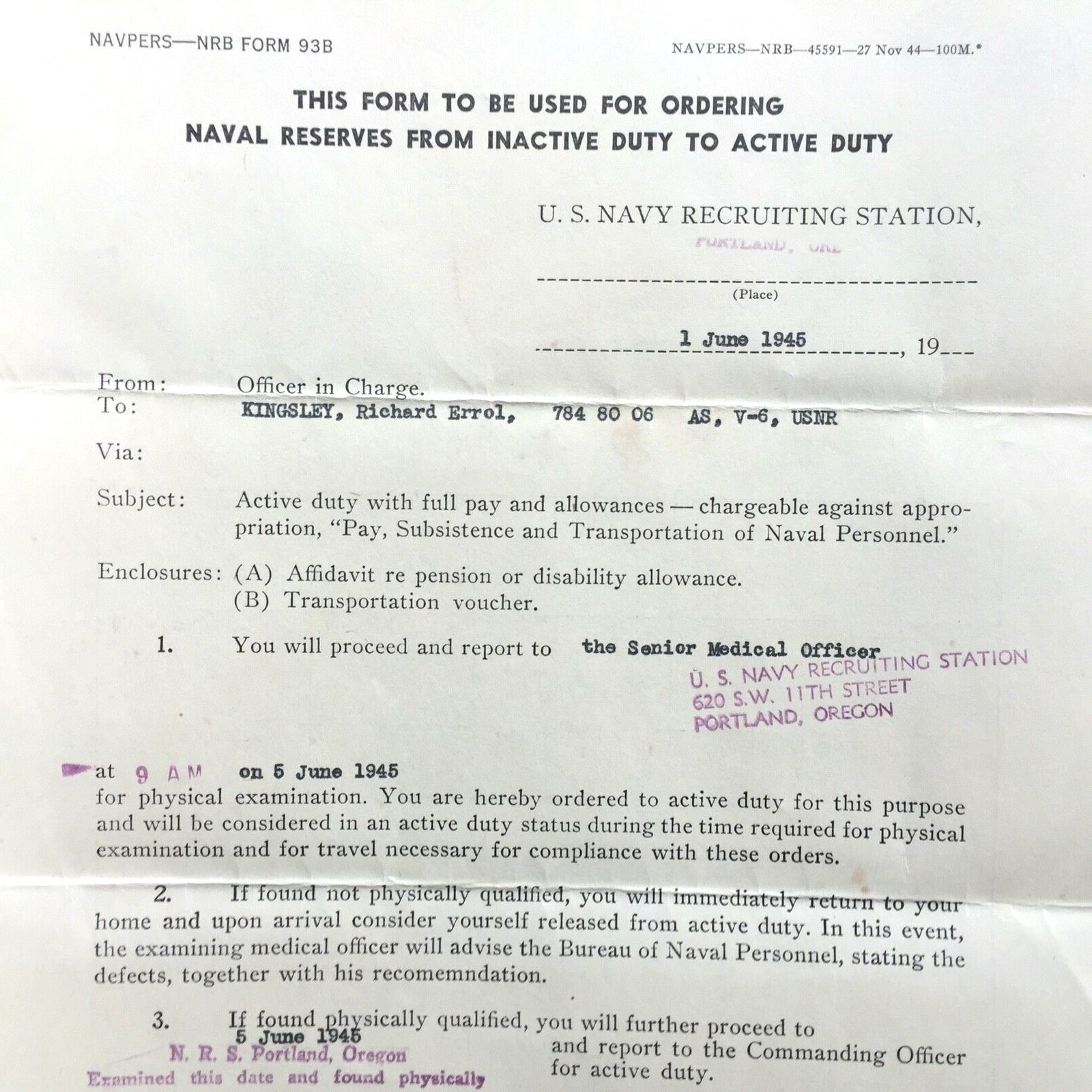 1945 WWII U.S. NAVAL RESERVES vintage official form INACTIVE DUTY TO ...
