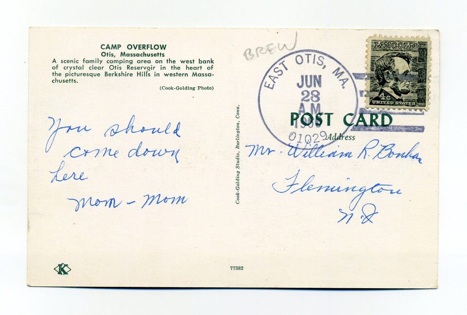 Otis MA, Camp Overflow, shoreline, buildings, sailboat, 1966 postcard ...