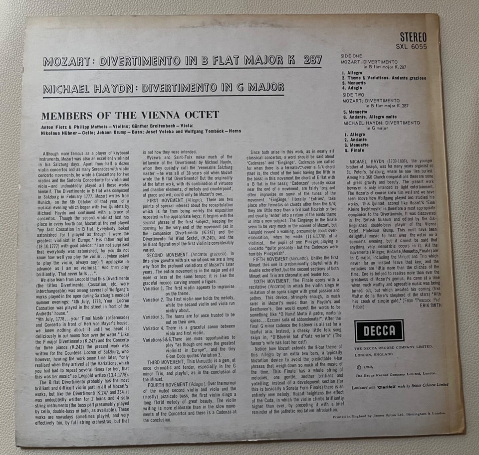 SXL 6055 Mozart / M. Haydn Divertimenti / Vienna Octet W/B | eBay