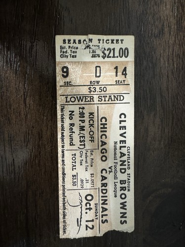 Jim Brown 3 TD 182 Rushing Yards - 1958 Cleveland Browns NFL Ticket ...