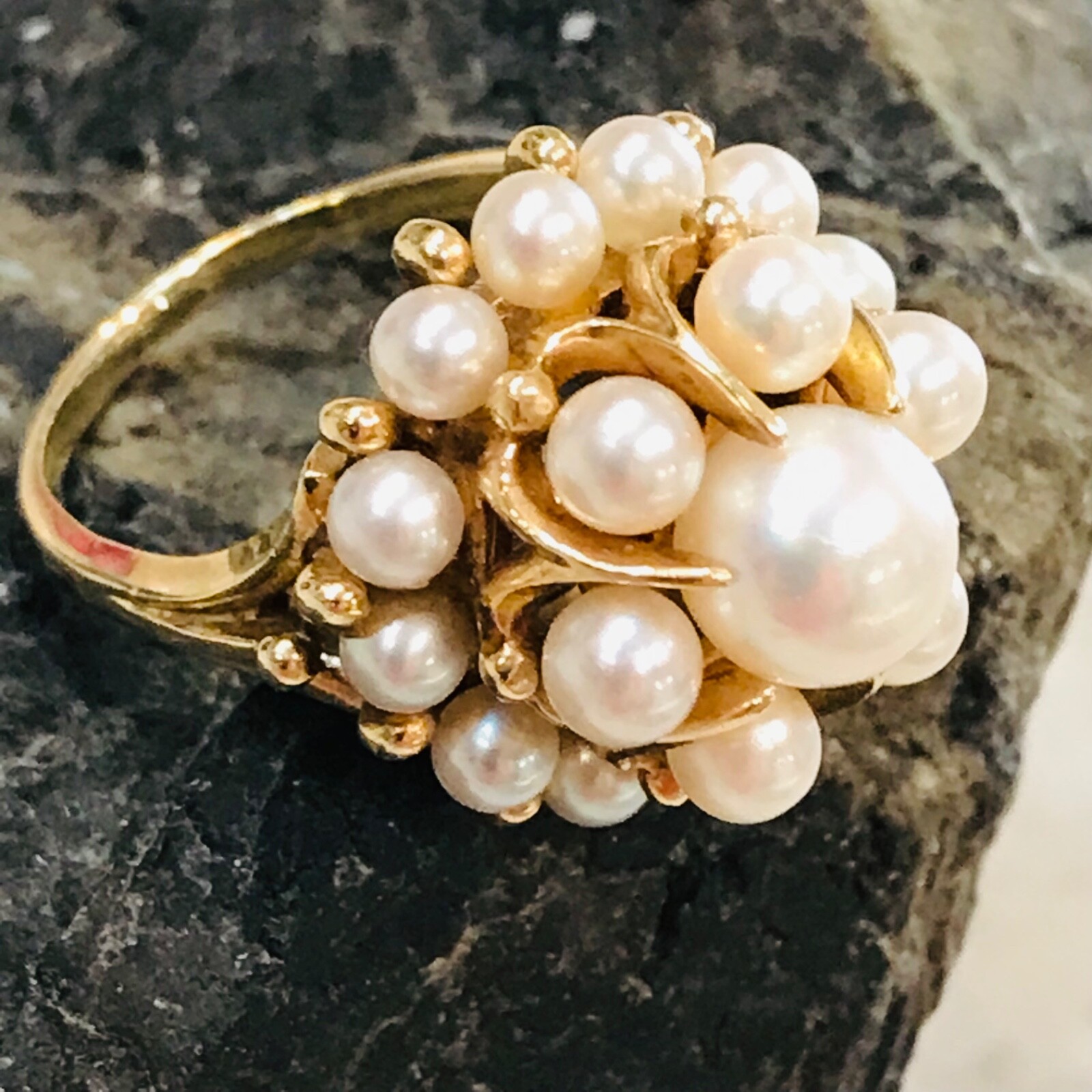 Mikimoto 14k Pearl Ring Yellow Gold Akoya Cluster Mogul Cocktail VTG 11 ...