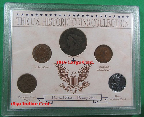 U.S. Historic Coin Collection - 5 Coin Penny (Cent) Set - 1816 Lg. Cent ...