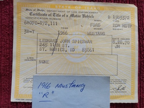 Vintage Historical Idaho Title Document 1966 Ford Mustang 2Dr Hdtp | eBay