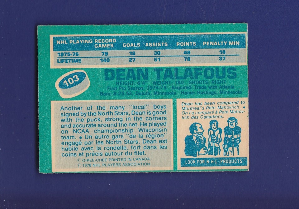 Dean Talafous 1976-77 O-PEE-CHEE Hockey #103 (EXMT)(OC) Minnesota North ...