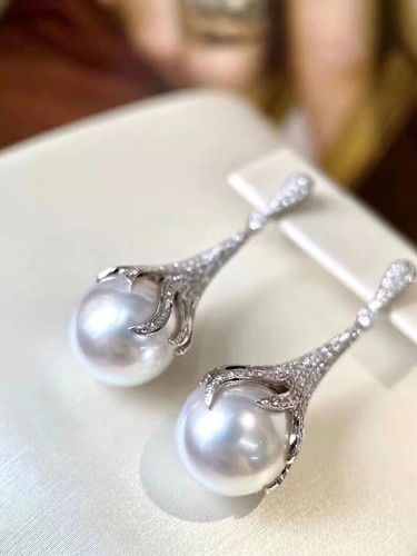 charming pair of 10mm south sea round white pearl dangle earring 925s ...