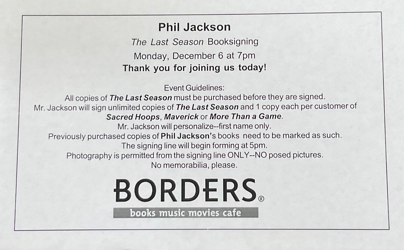 Phil Jackson Signed Book “The Last Season: A Team In Search of Its Soul ...